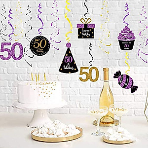 Qian's Party 50th Birthday Decorations for Women Purple Gold Black Purple Gold Foil Hanging Swirls 50th Birthday Party Decor – Women Purple 50th Birthday Party Decorations