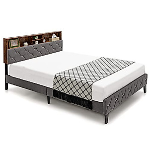KOMFOTT Upholstered Queen Bed Frame with Storage Headboard, Platform Bed Frame with Open Shelves & Hidden Storage Space, Mattress Foundation with Plywood Slat Support, No Box Spring Needed