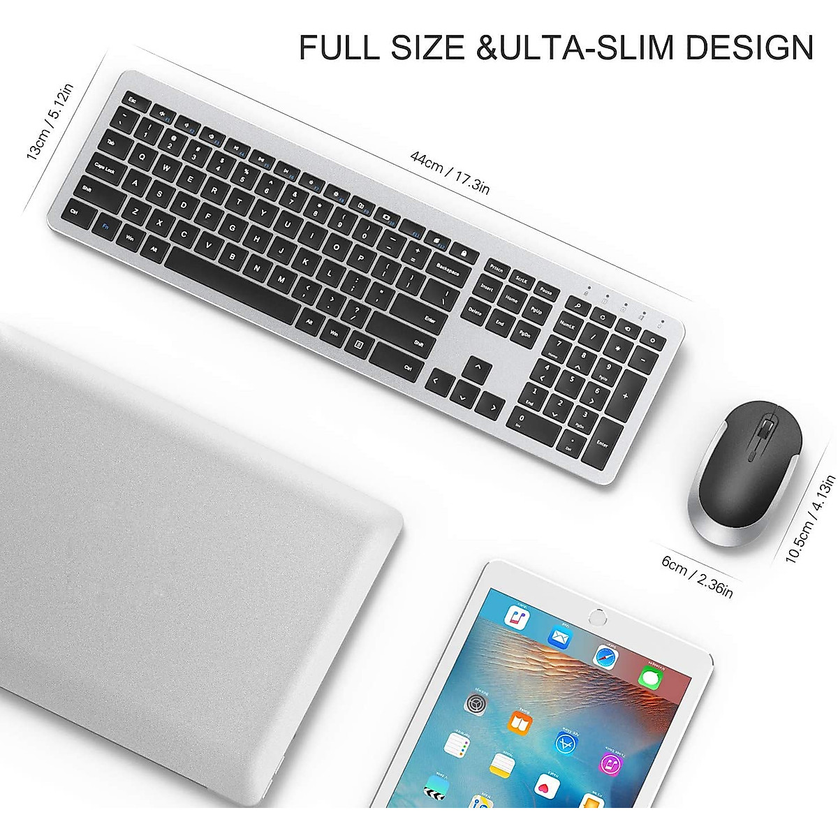 Wireless Keyboard and Mouse Combo - seenda Full Size Slim Thin Wireless Keyboard Mouse with On/Off Switch on Both Keyboard and Mouse - (Black and Silver)