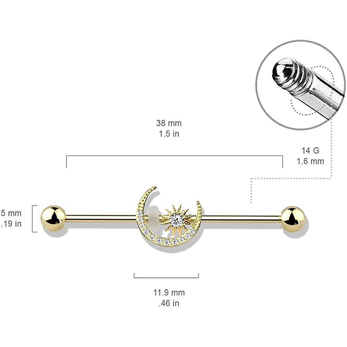 CZ Paved Moon with CZ Center Star 316L Surgical Steel Industrial Barbell (Clear)