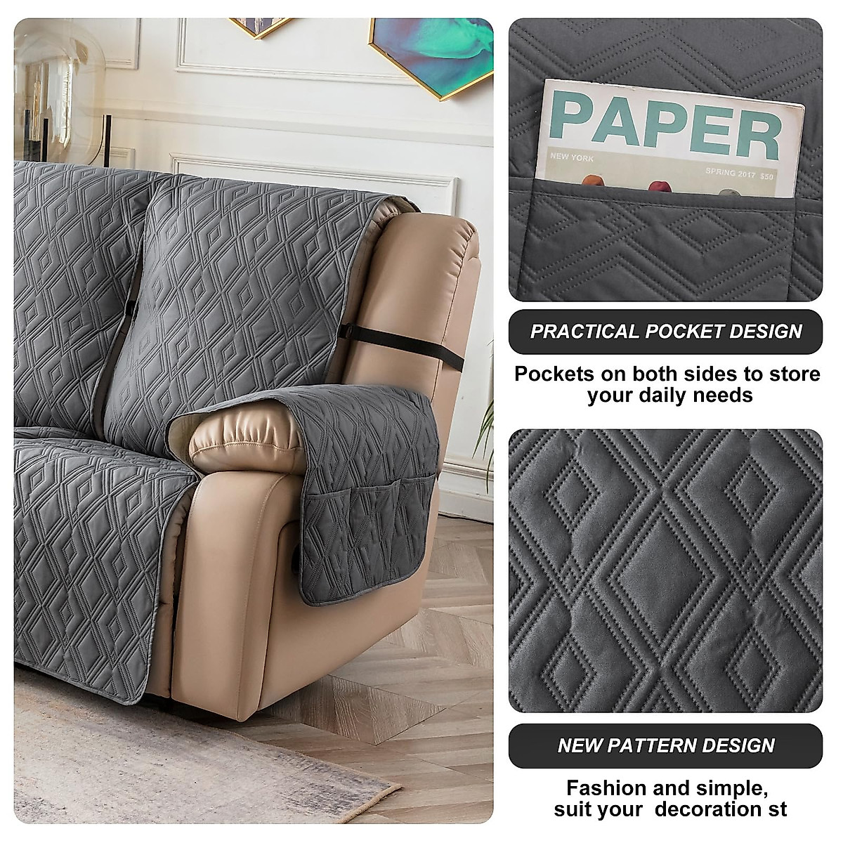 Genina Waterproof Couch Cover for Reclining Couch 3 Seat Recliner Sofa Covers, Non-Slip Recliner Couch Cover Furniture Protector with Elastic Straps for Pets, Dogs (Dark Gray, Recliner Sofa)