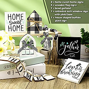 Spakon 14 Pieces Farmhouse Tiered Tray Decor Black White Buffalo Plaid Christmas Decor Wood Bead Garland with Tassel for Rustic Home Sweet Home Farmhouse Xmas Gift(Home Style)