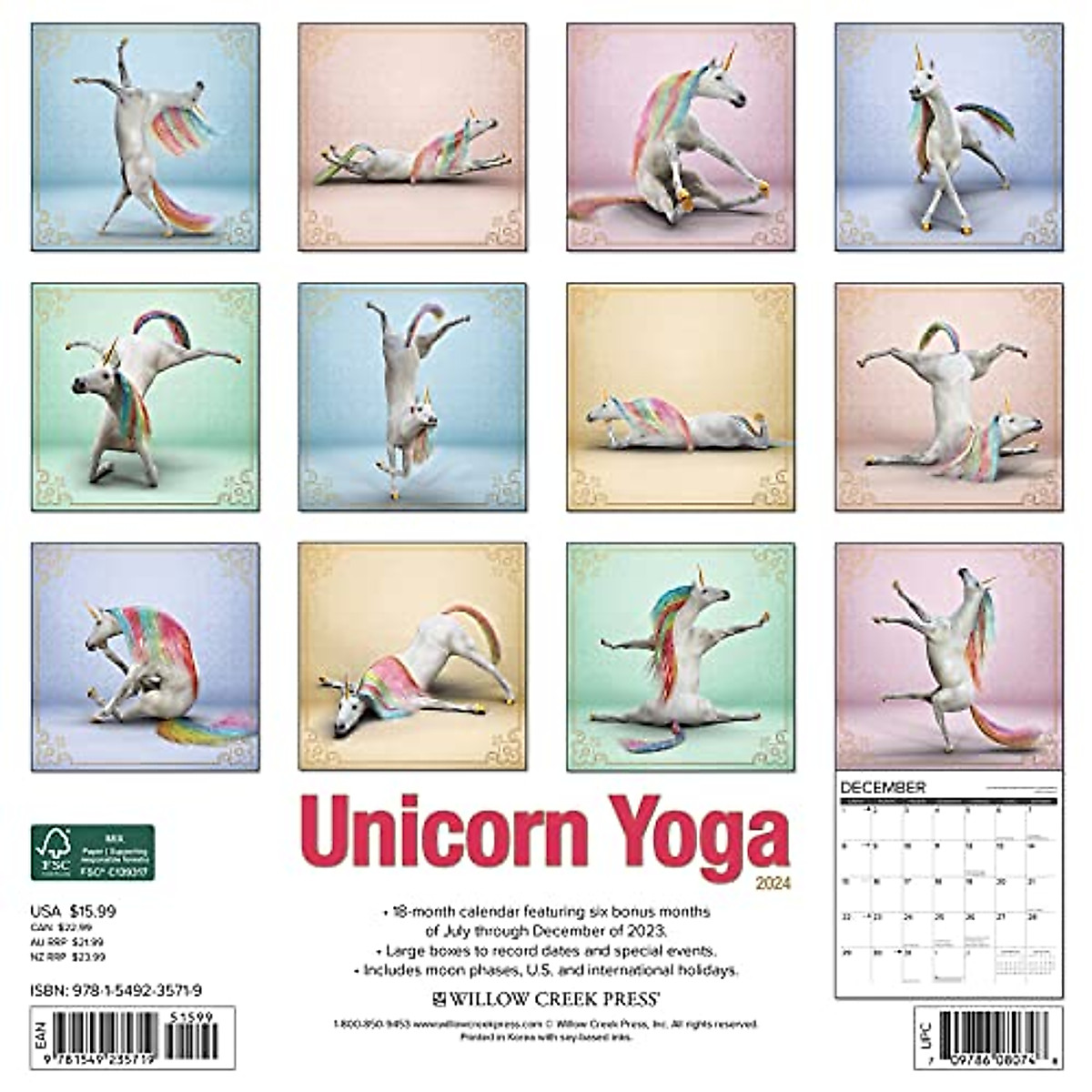 Willow Creek Press Unicorn Yoga Monthly 2024 Wall Calendar (12" x 12")