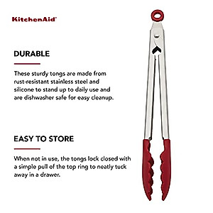 KitchenAid Silicone Stainless Steel Tongs, 12 Inch, Red
