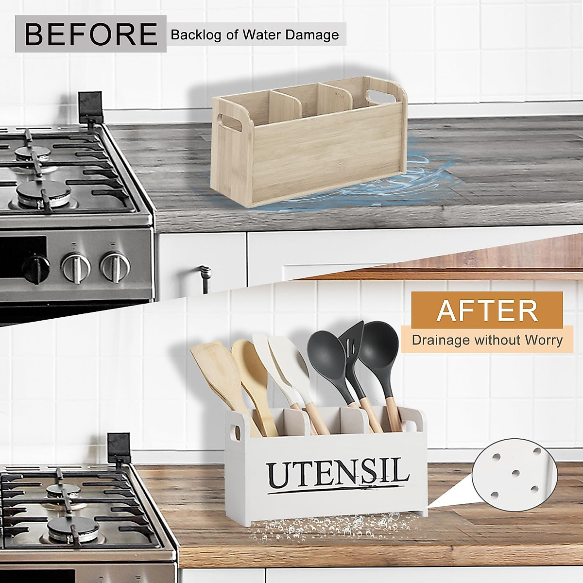 Ziluce Wood Utensil Holder, Utensil Holder for Kitchen Counter, for Organizing and Storing Cooking Utensils, 3 Compartments - White