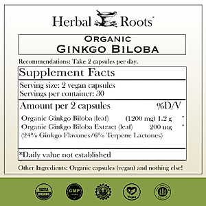 Herbal Roots Organic Ginkgo Biloba Made with Pure Organic Ginkgo Leaf - 1,400mg per Serving, 60 Vegan Capsules