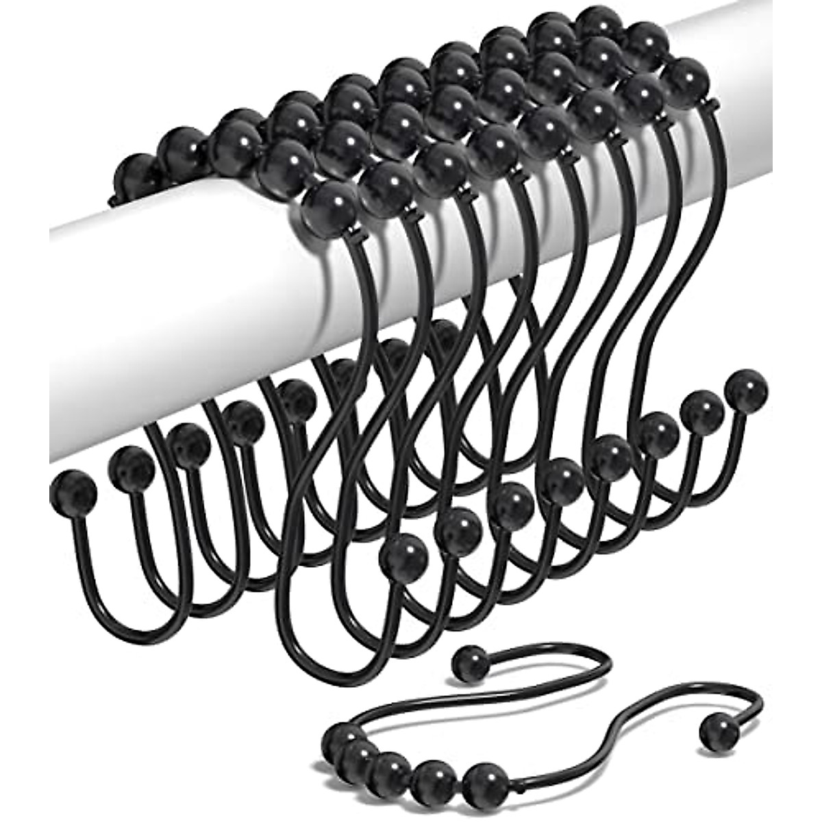 Black Shower Curtain Hooks Rust Proof (Set of 12) - Stainless Steel Black Shower Curtain Rings - Balance Sliding Roller Balls for Easy Glide & Install - Black Shower Hooks for Shower Curtain (Black)
