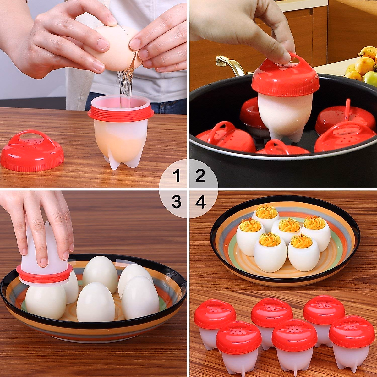 LANJILIFE Egg Cooker - Hard Boiled Eggs without the Shell, 6PCS/Set Egg Poachers Cooker Silicone Non-stick Egg Boiler Cookers,Silicone Boiled Steamer Eggies, BPA Free
