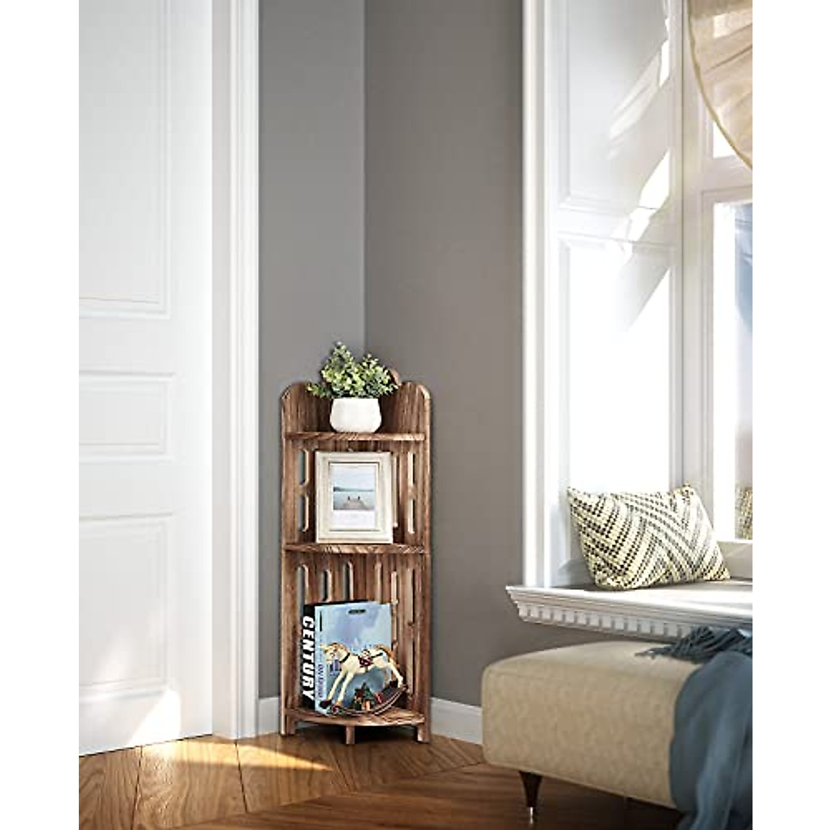 Meangood Bathroom Corner Shelf Stand, 3 Tier Solid Wood Display Shelf for Narrow Space, Shower Corner Shelf, Plant Stand Nightstand, for Living Room, Bedroom, Home Office, Elegant Carbonized Black