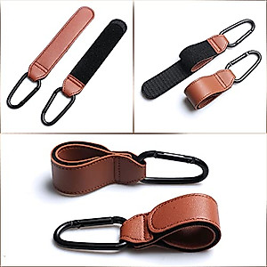 2Pcs Leather Handlebar Cover with Removable Zipper for Bugaboo Cameleon 1 2 3 Plus Pram Accessories and 2Pcs Universal Stroller Hooks for Hanging Bags and Shopping, Brown