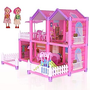 Dollhouse Toy House with Accessories and Furniture, Kids Dollhouses for Girls DIY Doll House Kits with 126 Little Pieces,Dreamhouse Gift for 3 4 5 6 Years Old Toddler Girls (5 Rooms and 1 Balcony)
