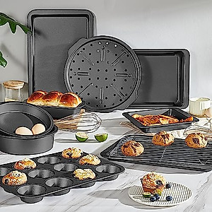 HONGBAKE Bakeware Sets, Baking Pans Set, Nonstick Oven Pan for Kitchen with Wider Grips, 10-Pieces Including Rack, Cookie Sheet, Cake Pans, Loaf Pan, Muffin Pan, Pizza Pan - Grey