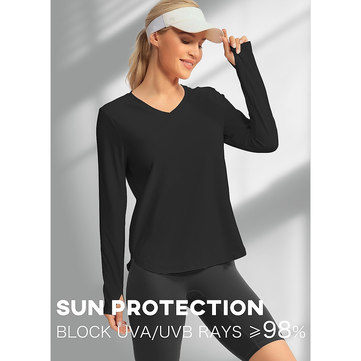 Hiverlay Long Sleeve Workout Shirts for Women V Neck UPF 50+ Athletic Shirts with Thumbhole Running Loose Active T-Shirts Black l