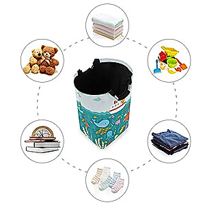 Rabbit Hare on Ship Dolphin Sea Turtle Fishes Octopus Turquoise Ocean Laundry Hamper Basket Bucket, Foldable Dirty Clothes Bag, Waterproof Fabric Washing Bin, Toy Storage with Handles for Bathroom