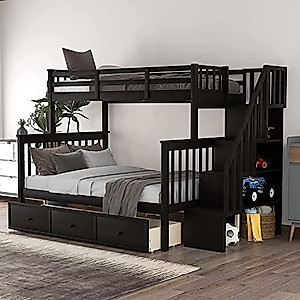 MERITLINE Twin Over Full Bunk Bed with Stairs, Wood Bunk Bed Frame with Storage Drawers and Shelves, No Box Spring Needed (Espresso)