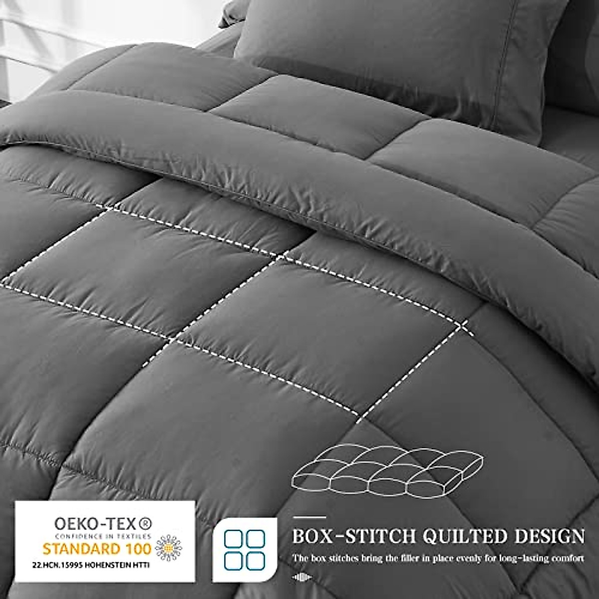 Newspin Full Bed in a Bag - 7 Pieces Dark Grey Comforter Set, Lightweight All Season Ultra Soft Bedding Comforter Set with Comforter, Flat Sheet, Fitted Sheet, Pillowcases & Shams