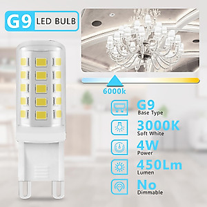 DAYBETTER G9 Led Bulb 12Pack 6000K Daylight White 4W, Equivalen G9 Halogen Light Bulb 40 Watt, T4 G9 Bi Pin Ceramic Base, 120V 450LM No-Flicker 360° Beam Angle Non-Dimmable, G9 Bulb for Chandeliers