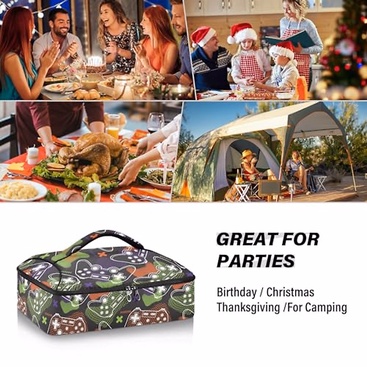 Kcldeci Insulated Thermal Food Carrier Insulated Casserole Carrier for Hot or Cold Food,Joystick Game Insulated Tote Bag for Potluck Cookouts Parties Picnic,Lasagna Lugger