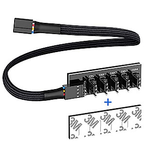 RISHTEN Motherboard PWM Fan Hub Splitter, 4 Pin Black Sleeved 5 Way PC CPU Cooling Case Fan Extension Splitter Adapter Cable 40cm/15.7inch for Computer Cooler Case Fans