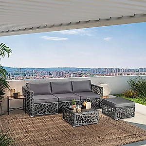 Tangkula 5 Pieces Patio Furniture Set, Patiojoy All Weather Heavy Duty Outdoor PE Rattan Wicker Sectional Cushioned Sofa Set with Tempered Glass Coffee Table and Ottoman for 4, Poolside, Garden (Grey)