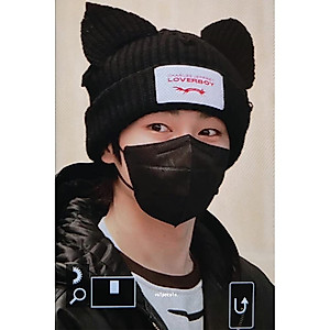 Kpop Knitted Stray Kids Cat Ear Hat HyunJin Leeknow Felix Bangchan Wool Cat Fashion Cute Cap Loverboy Casual Headgear (Black)