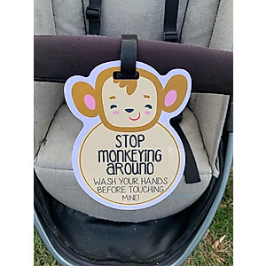 THREE LITTLE TOTS – Animal Theme No Touching Baby Car Seat Sign or Stroller Tag - CPSIA Safety Tested (Monkey)