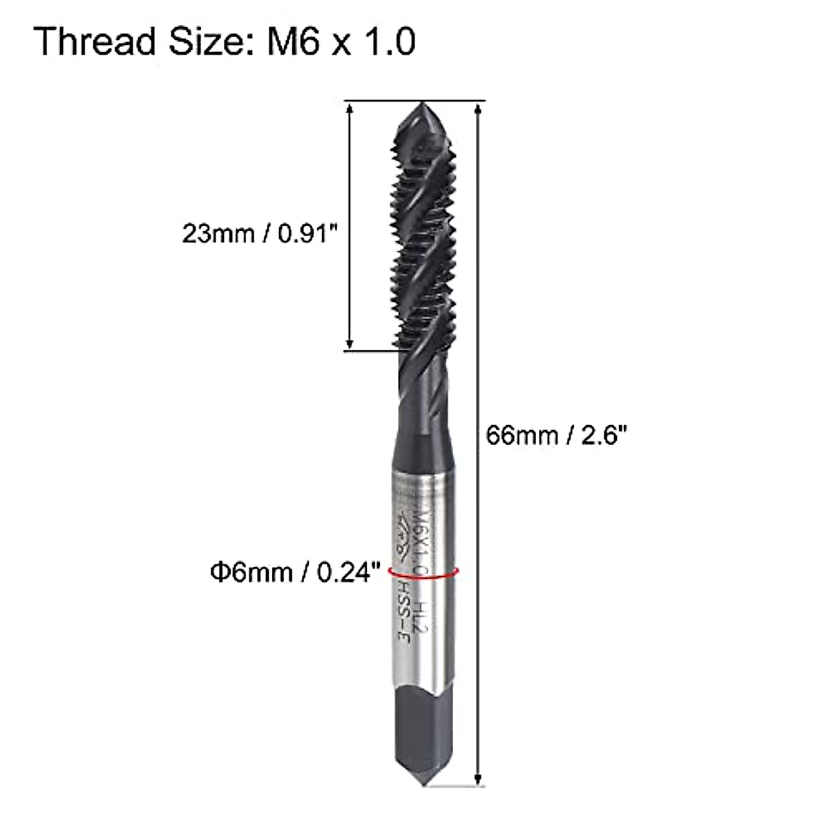 uxcell M6 x 1.0 Spiral Flute Thread Tap, Metric Machine Threading Tap HSS Nitriding Coated, Round Shank with Square End, H2 Tolerance, 2pcs