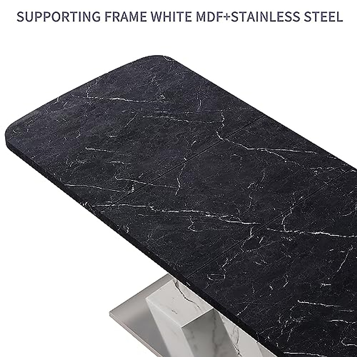 63'' Modern Stretchable Kitchen Table for 4-6 Seats, Space-Saving Expandable Dining Table with Black Marble Veneer Table Top+MDF White X-Shape Table Leg with Metal Base for Dining Room Living Room