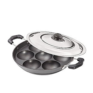 Satre Online and Marketing Small 7 Cavity Non-Stick Aluminium Heavy Induction Base Appam Pan With Steel Lid - Black,Silver,Red