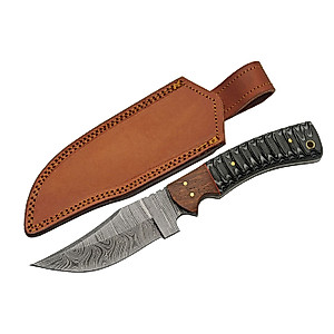 SZCO Supplies DM-1325 Combination Wood Handle Damascus Steel Outdoor Hunting Knife with Leather Sheath, 9.25" Length