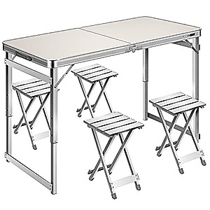 VIVOHOME 4 FT Aluminum Portable 3 Adjustable Height Folding Picnic Table with 4 Stools Set Lightweight for Camping BBQ Party Backyard Indoor Outdoor
