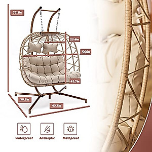 BULEXYARD Outdoor Double Swing Egg Chair with Stand for Bedroom, Indoor 2 Person Hanging Chair Foldable Twins Patio Chair, Large Hand-Woven Wicker Garden Loveseat Hammock Chair w/Cream Thick Cushion