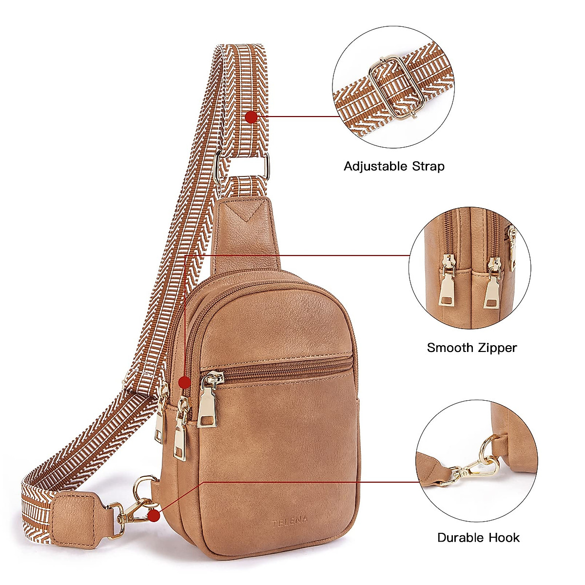 Telena Small Sling Bag for Women Vegan Leather Fashionable Fanny Pack Crossbody Bags for Women for Travel Camel Brown