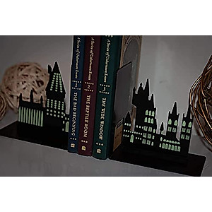 Harry Potter Hogwarts Castle Metal Bookends | Die Cut Metal Bookends with Hogwarts Castle Silhouette Glow in The Dark Design | Ideal for Harry Potter Book Collections & More