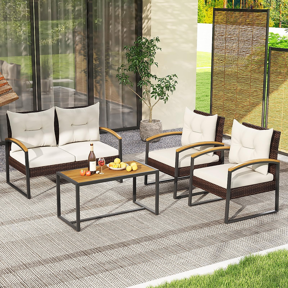 Tangkula 4 Piece Patio Conversation Set, with Heavy Duty Solid Acacia Wood Armrests & Tabletop, Outdoor Cushioned Wicker Furniture Set for Backyard, Poolside, Lawn, Blacony (1, Off White)