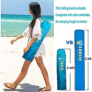 AMMSUN 6.5ft twice folded compact Portable beach umbrella with sand anchor windproof, Push Button Tilt Air vent UV 50+ Protection Fits in a large Suitcase for travel Patio Garden Pool Backyard Sky Blue