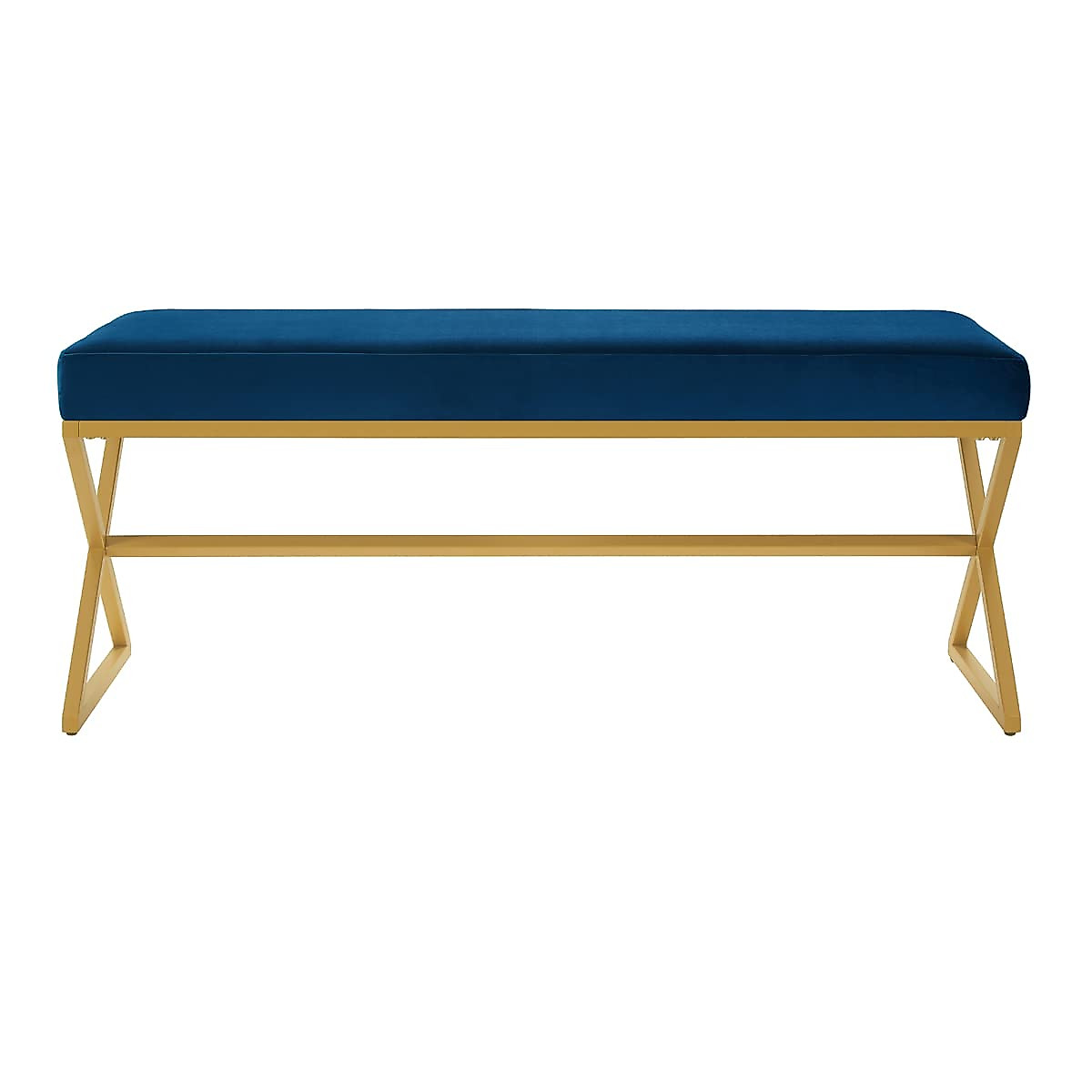 24KF Velvet Upholstered Entryway Bench with Metal Leg, Padded Bedroom Bench Seat cushion with Golden Metal X-Legs -Navy