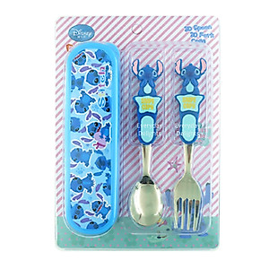 Disney Stitch Flatware Tableware Cutlery Utensil Set for Boys Girls Kids Children – Stainless Steel Fork Spoon Portable Case, 3 pieces
