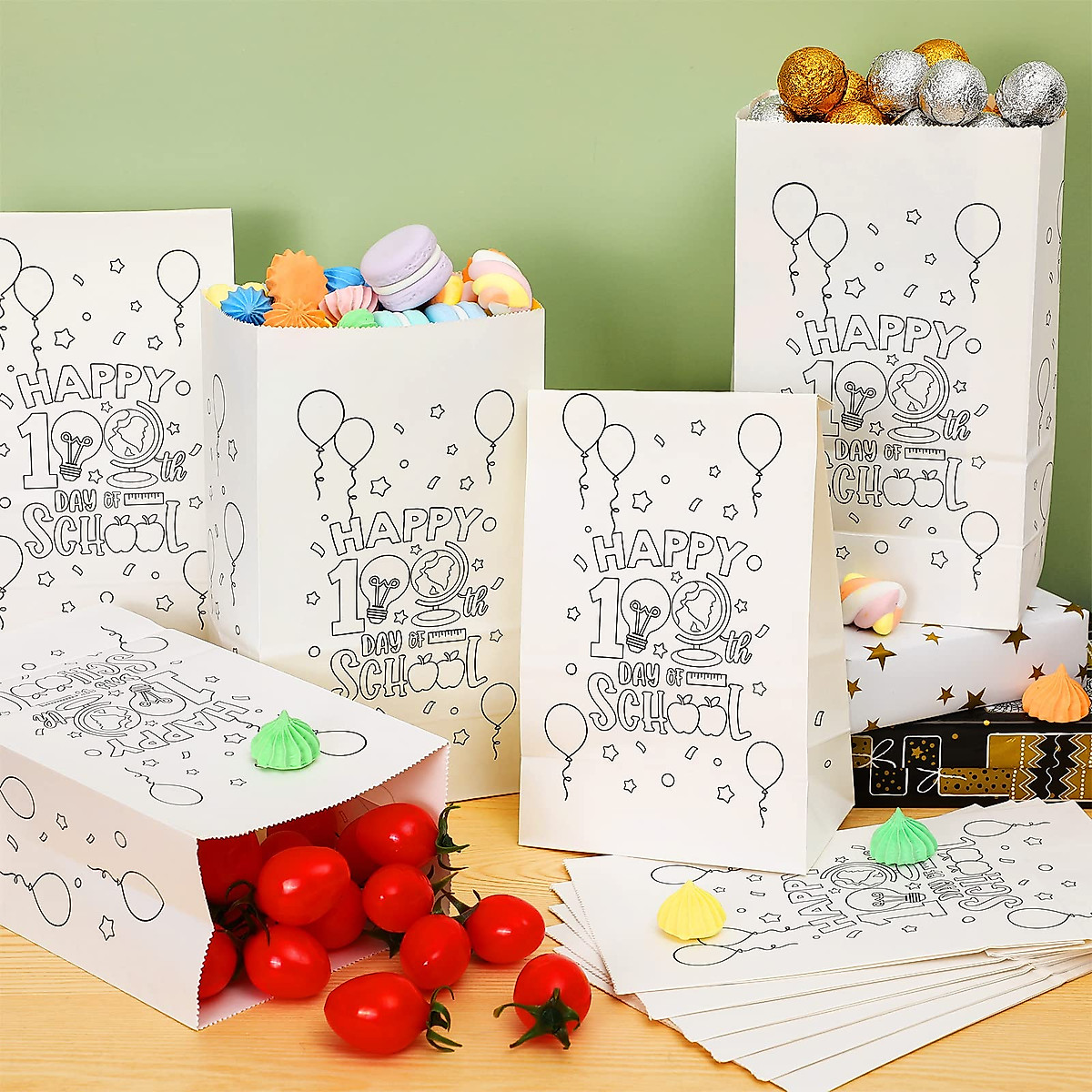 30 Pcs Happy 100th Day of School Paper Bags 100th Day White Paper Bags White Paper Lunch Bags Back to School Goodie Bags for Kids Students 100th Day Activities Gifts Craft Bags Classroom Supplies
