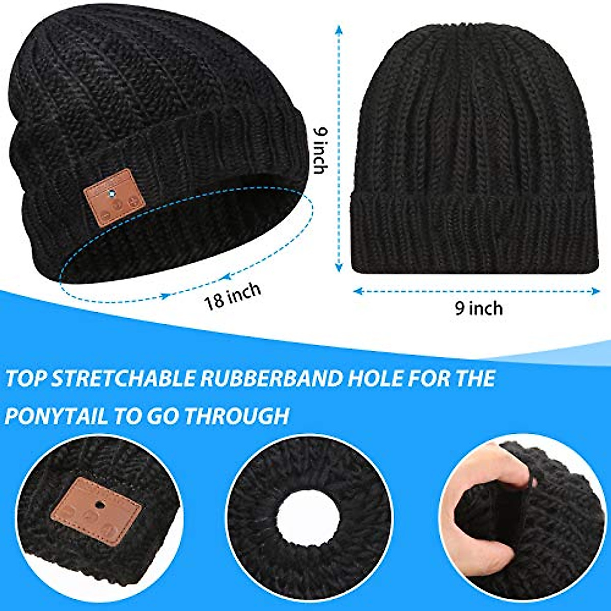 Beanie Hat Compatible with Bluetooth Headphone Ponytail Warm Beanies for Women Built-in Microphone (Black)