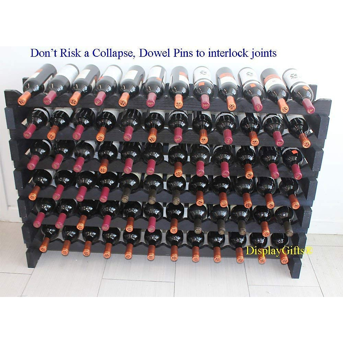 Stackable Modular Wine Rack Wine Storage Rack Wine Holder Display Shelves for Wine Cellar or Basement, Freestanding Wine Rack Thick Wood Wobble-Free (Black, 12 X 6 Rows (72 Slots))