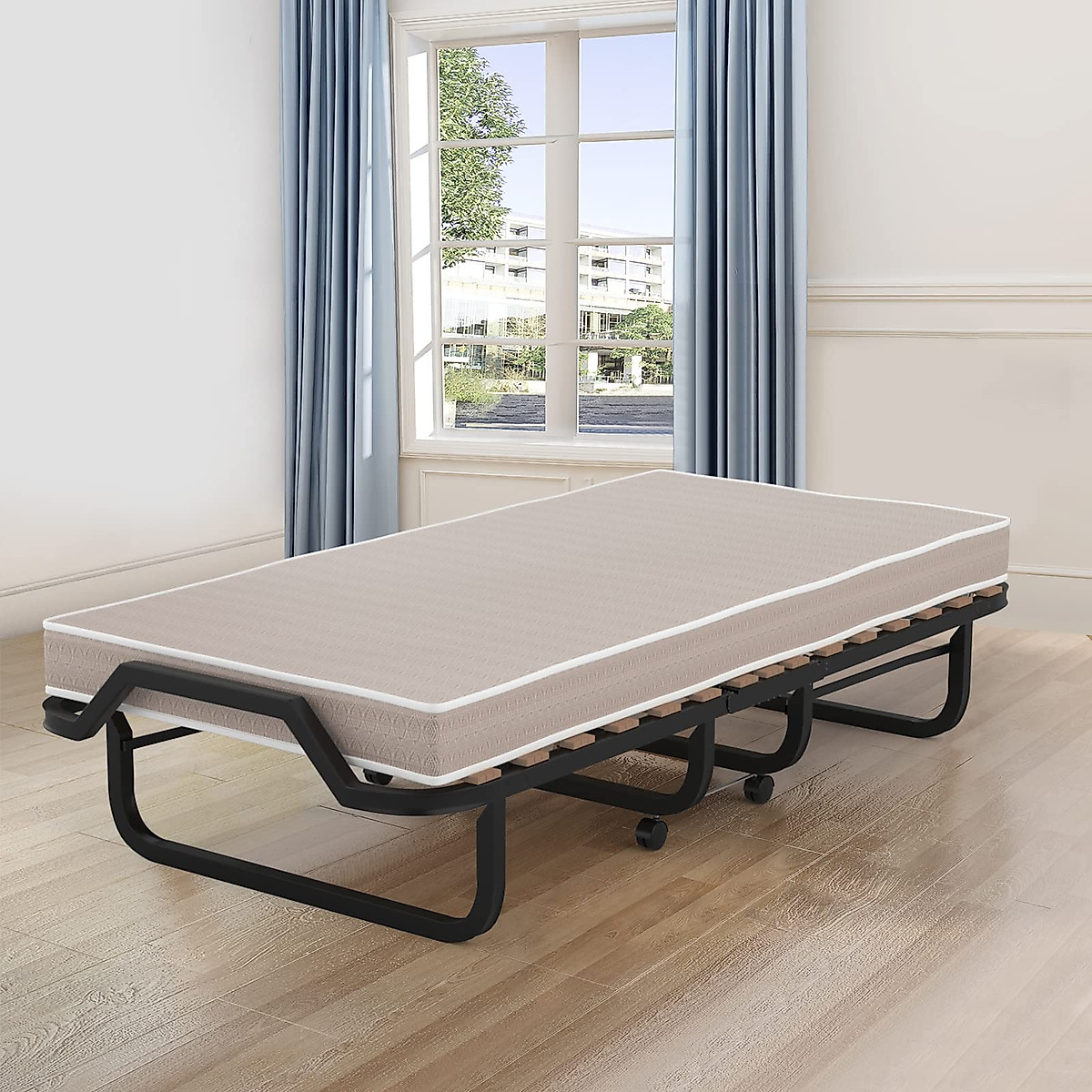 KOMFOTT Folding Bed with 4” Mattress, Foldable Rollaway Bed with Memory Foam Mattress for Adults, Portable Fold Up Guest Bed with Sturdy Steel Frame on Wheels, Made in Italy