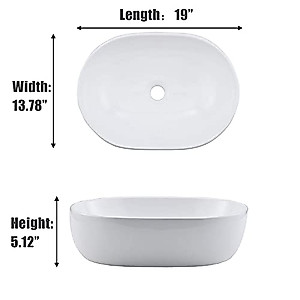 VESLA HOME 19"x14" Oval Vessel Sink, Ceramic Above Counter Bathroom Sink, Modern Art Basin White Bathroom Vessel Sink for Lavatory Vanity Cabinet