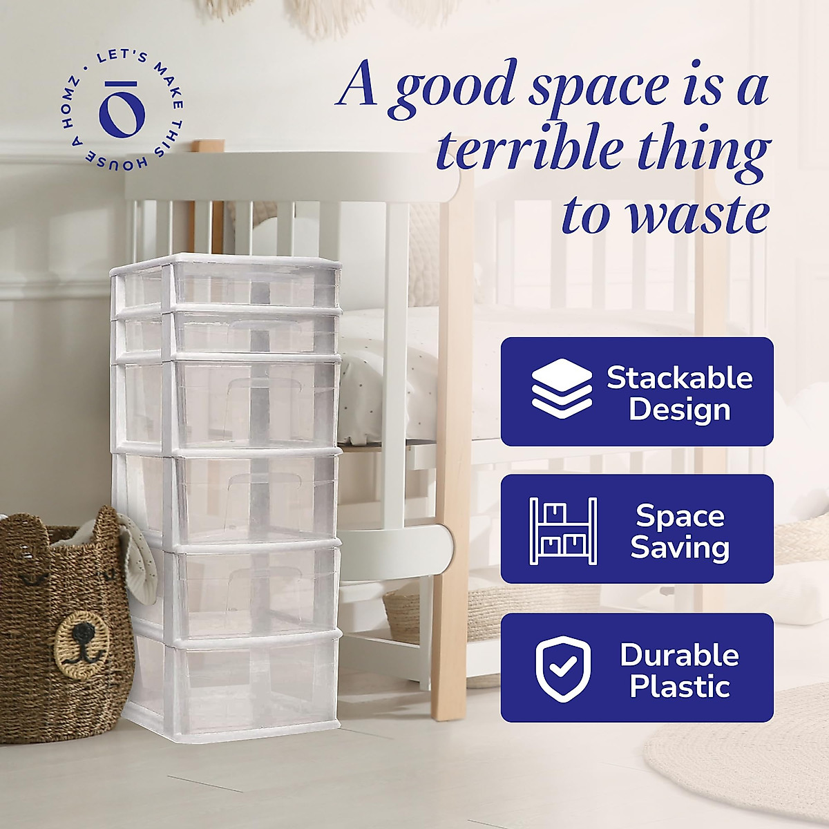 Homz Plastic 6 Clear Drawer Medium Home Organization Storage Container Tower with 4 Large Drawers and 2 Small Drawers, White Frame (2 Pack)