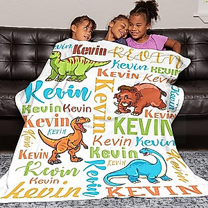 YMDLQDP Custom Name Blanket with Dinosaur Personalized Kids Blanket for Birthday Halloween Customized Throw Blankets Cute Animal Blanket for Bed Couch Camping