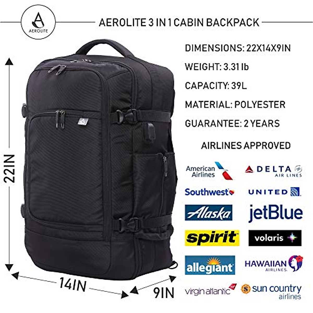 Hybrid 39L Carry On Travel Luggage/Laptop Backpack Bag Fits 15.6 Inch Laptop Notebook with USB Charging Port for School & Business Men Women, Black