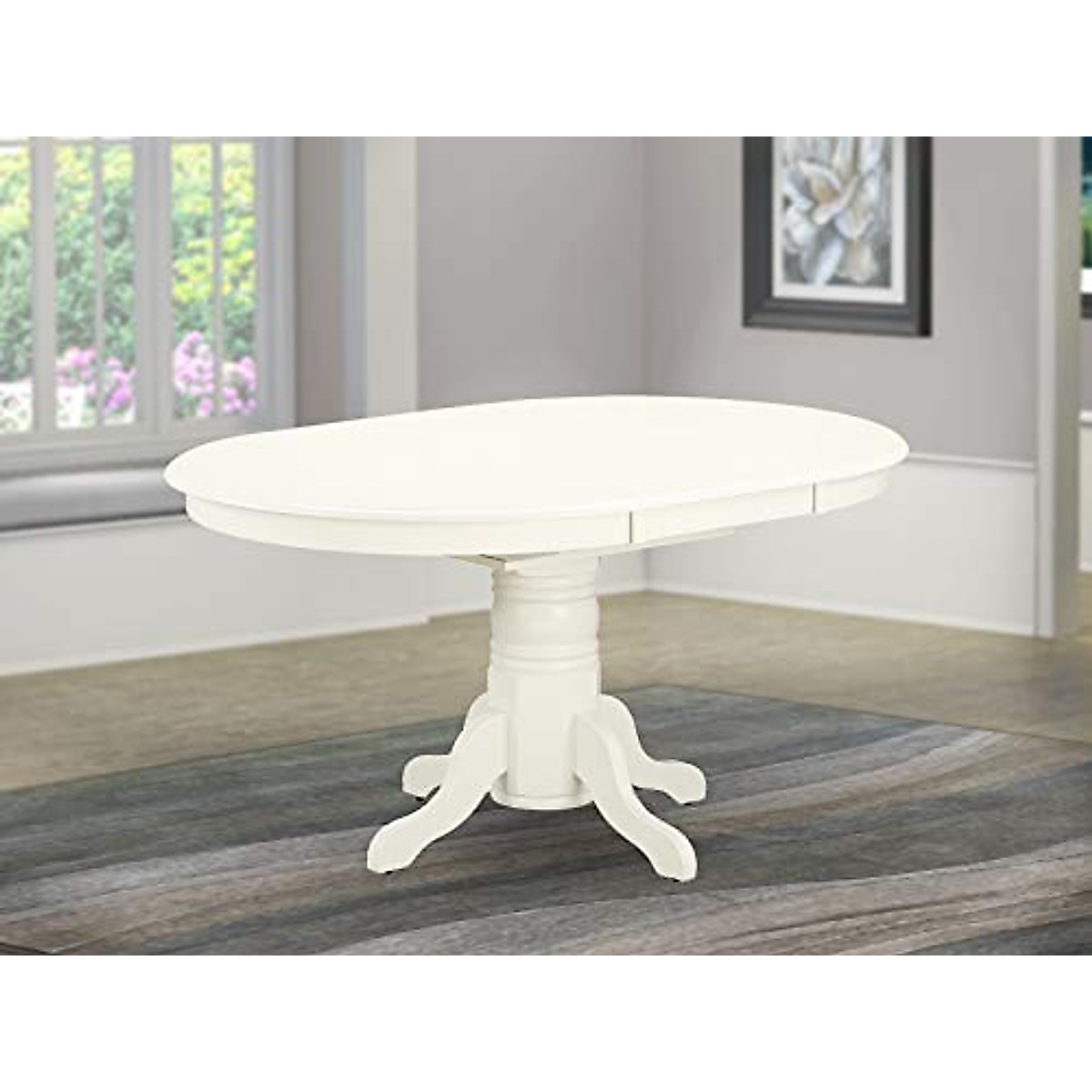 East West Furniture AVT-LWH-TP Avon Dining Room Table - an Oval kitchen Table Top with Butterfly Leaf & Pedestal Base, 42x60 Inch, Linen White