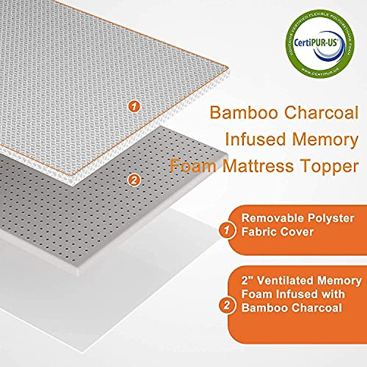 Maxzzz Memory Foam Mattress Topper Twin, 2 Inch Bamboo Charcoal Mattress Topper Bed Topper with Removable Soft Cover, Ventilated Design & CertiPUR-US Certified Foam Topper(Twin)