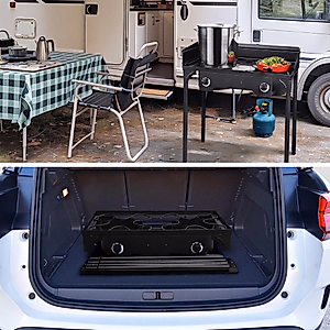 Outdoor Camping Stove, Propane Dual Burner Cooker w/Detachable Legs, 0-20 PSI Regulator, 150,000-BTU for Camping, Barbecue, Car Travel, Garden Party