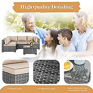 JAMFLY 5 Pieces Patio Furniture Sets, Wicker Outdoor Sectional Furniture with Glass Table and Cushions, Rattan Patio Conversation Sets for Garden, Poolside, Backyard(Khaki)